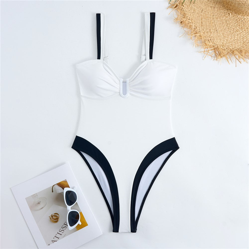Y1153 Women Two-Tone One-Piece Swimsuit Tummy Control V-Neck Slimming