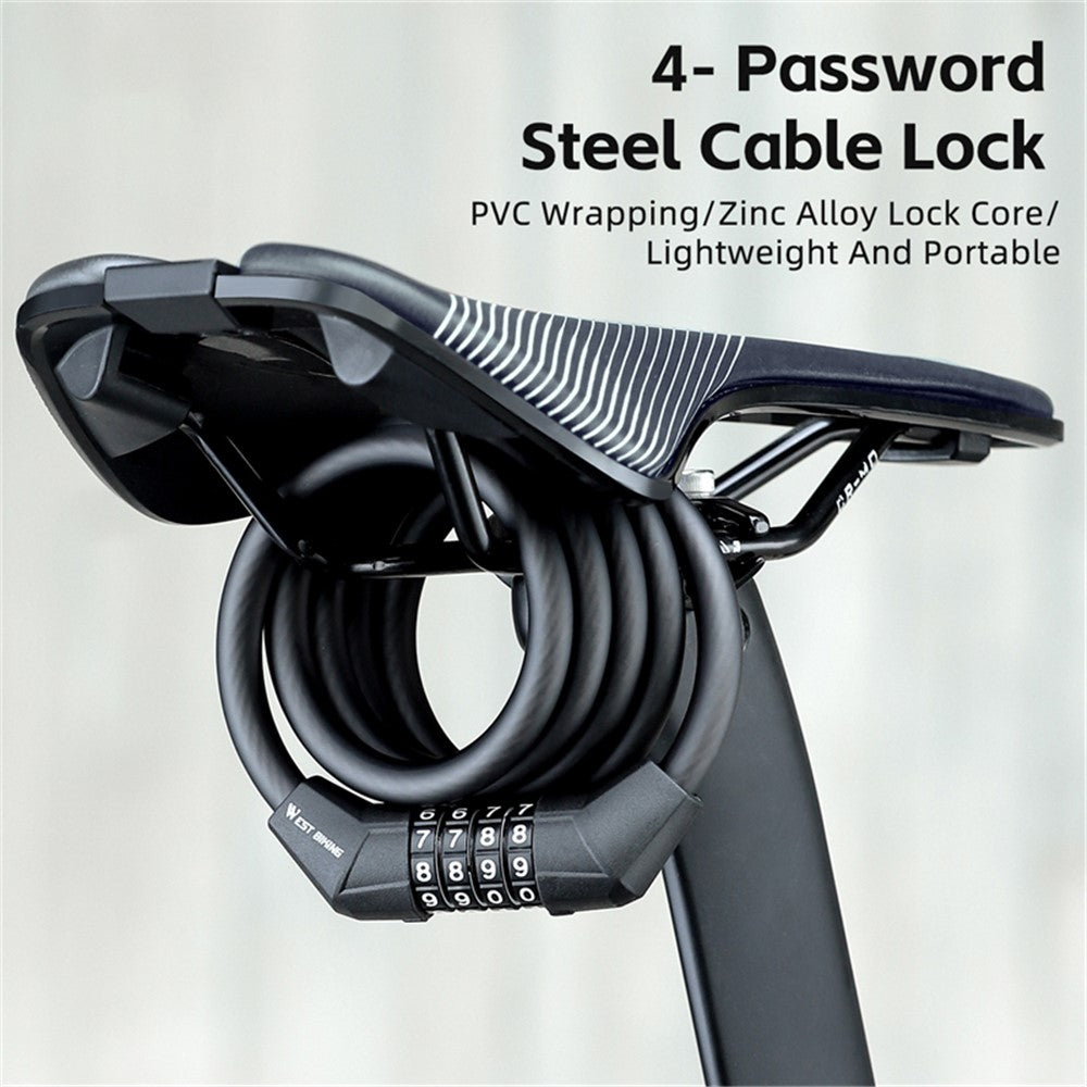 WEST BIKING YP0705106 Bicycle Steel Cable Security Lock 4 Digit Passwo