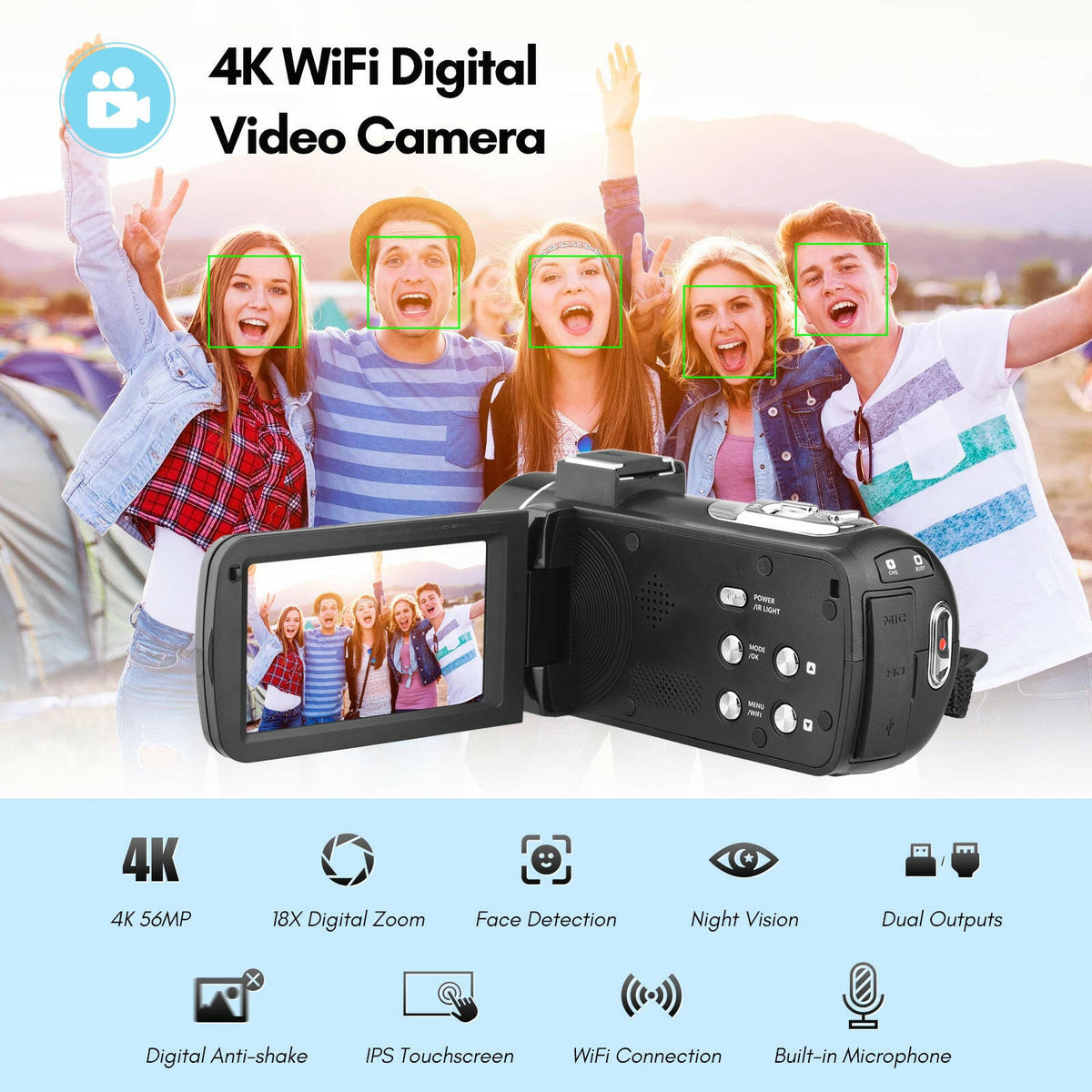 4K Digital Video Camera WiFi Camcorder DV Recorder 56MP 18X Digital Zo