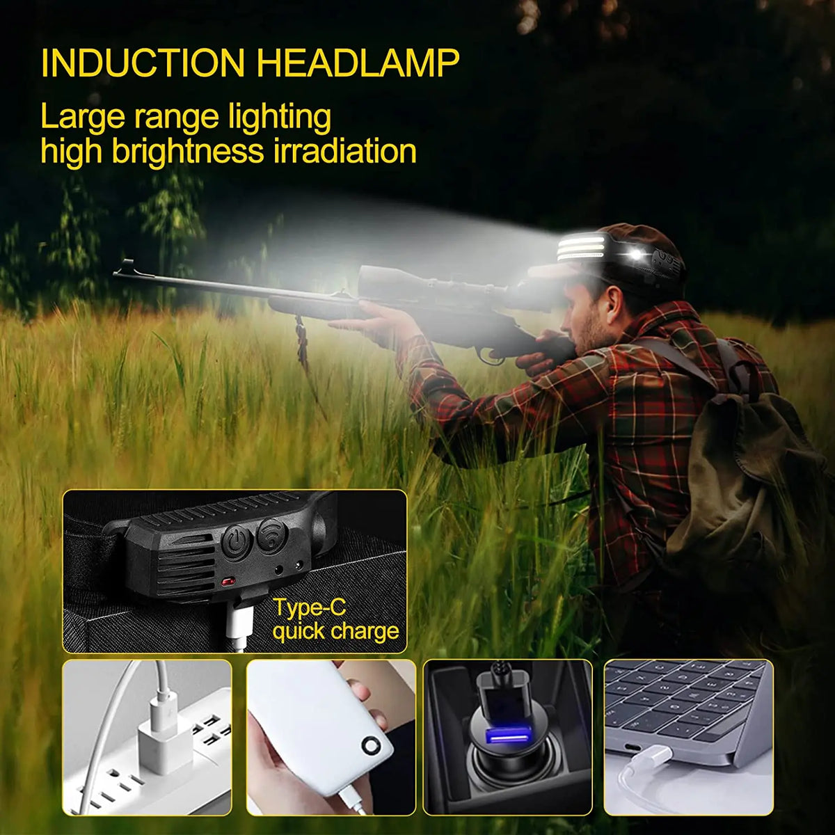 LED Sensor Headlight Rechargeable Headlamp COB Working Light With Buil