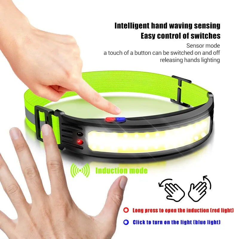 COB Sensor Headlight Built in Battery Fishing Headlamp Rechargeable 6